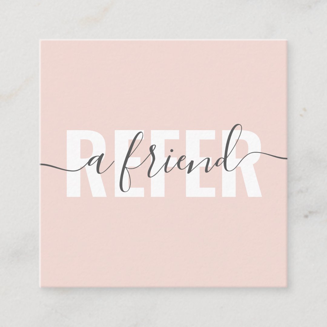 Modern pink gray refer a friend script signature referral card | Zazzle