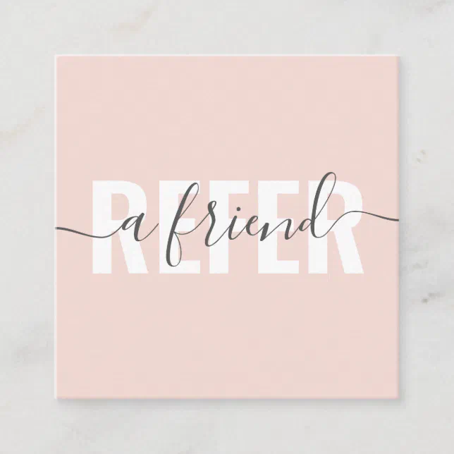 Modern pink gray refer a friend script signature referral card | Zazzle