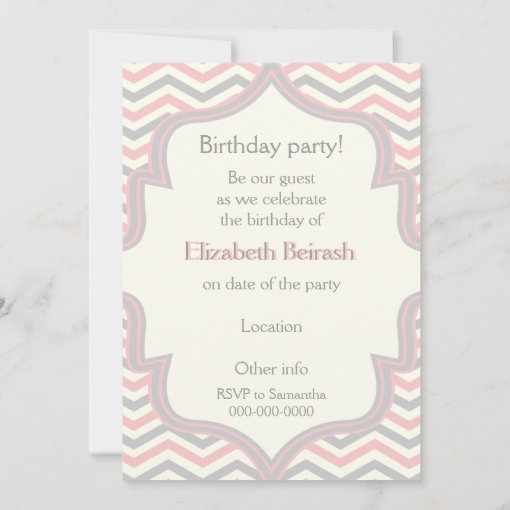 Modern pink, grey chevron zigzag birthday photo invitation | Zazzle