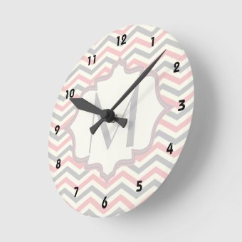 Modern pink, grey, ivory chevron pattern custom round clock | Zazzle