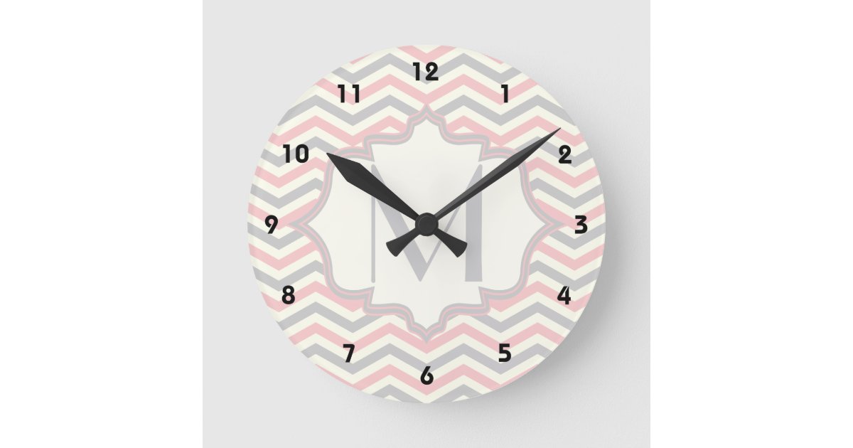 Modern pink, grey, ivory chevron pattern custom round clock | Zazzle