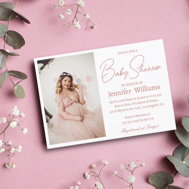 modern pink handwriting photo baby shower invitation | Zazzle