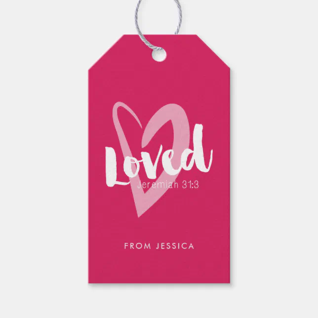 Modern Pink Heart Loved Scripture Gift Tags | Zazzle