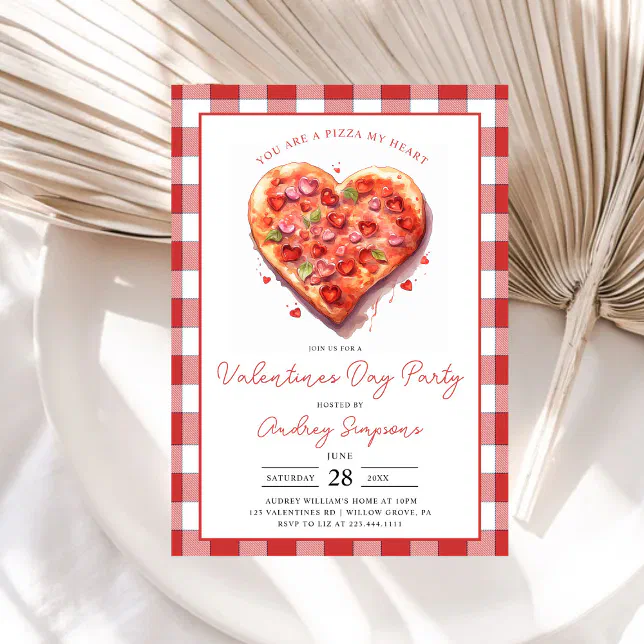 Modern Pink Heart Pizza Plaid Valentines Party Invitation | Zazzle