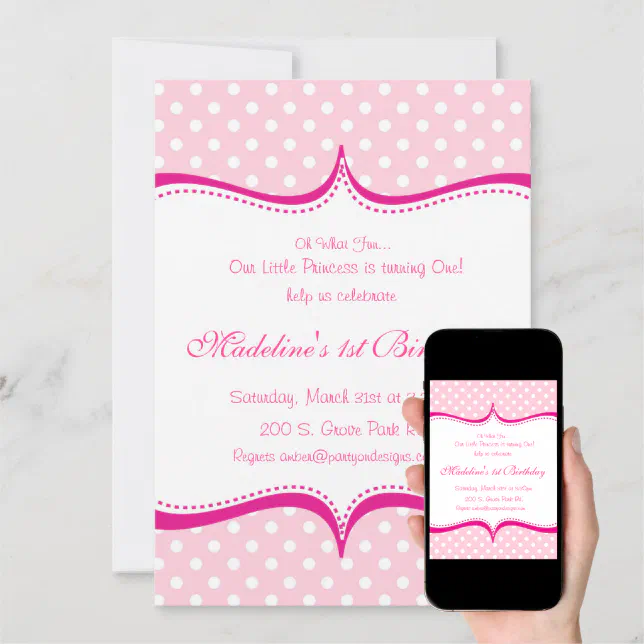 Modern Pink Hot Pink Polka dot Princess Invitation | Zazzle
