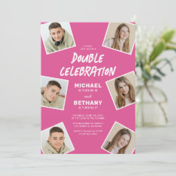 Modern Pink Joint Photo Birthday Party Invitation | Zazzle