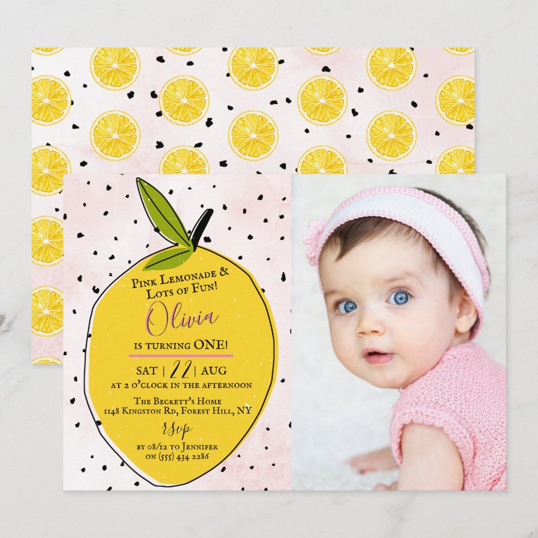 Modern Pink Lemonade 1st Birthday Photo Invitation | Zazzle