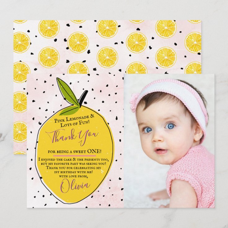 Modern Pink Lemonade 1st Birthday Photo Thank You Card | Zazzle