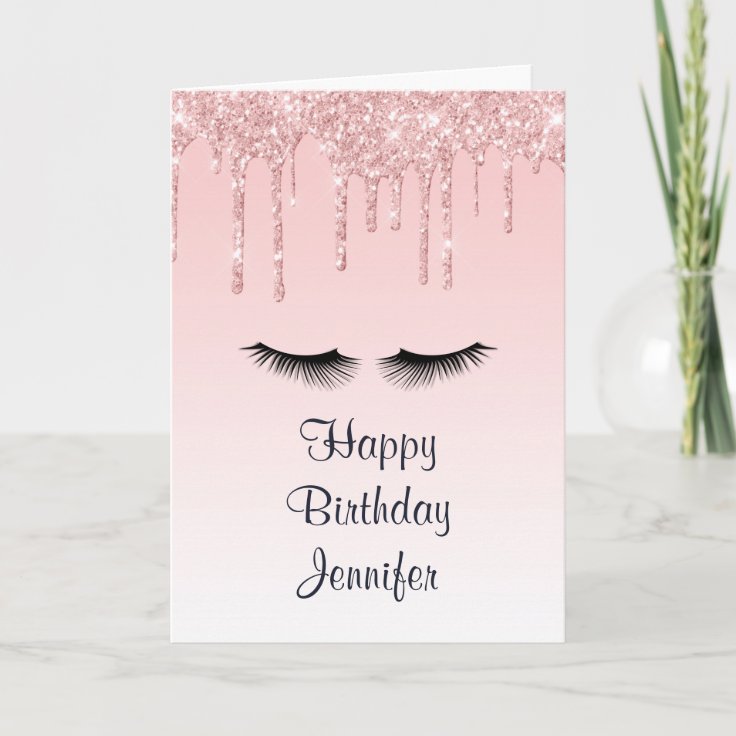 Modern Pink Liquid Glitter & Eyelashes Birthday Card | Zazzle