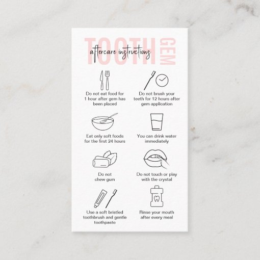 Modern Pink Logo Tooth Gem Aftercare Instructions Business Card | Zazzle