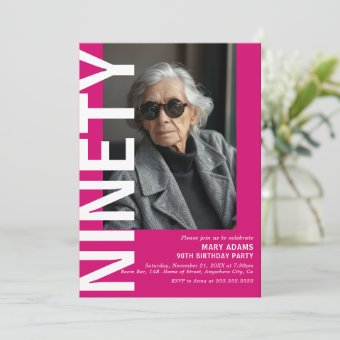 Modern Pink NINETY Photo 90th Birthday Party Invitation | Zazzle
