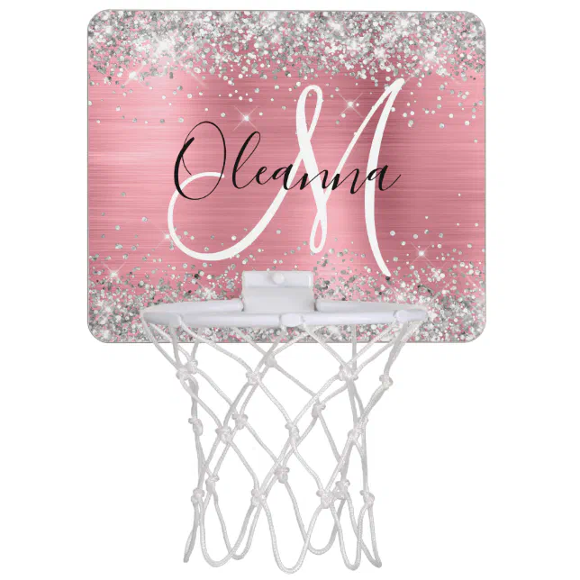 Modern Pink Ombre Foil Silver Glitter Monogram Mini Basketball Hoop ...