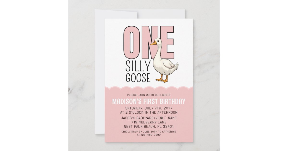 Modern Pink One Silly Goose 1st Birthday Party Invitation | Zazzle