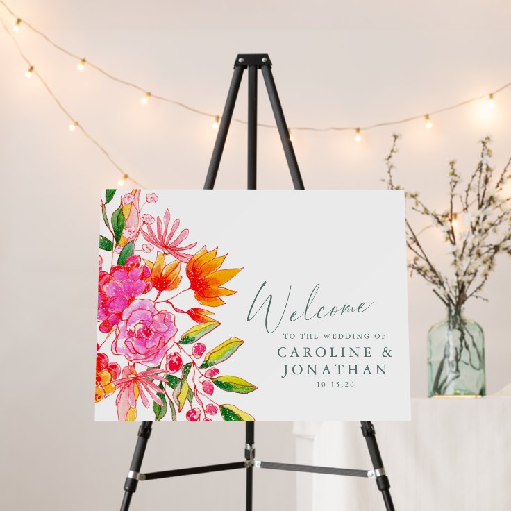 Modern Pink Orange Floral Wedding Welcome Foam Board | Zazzle