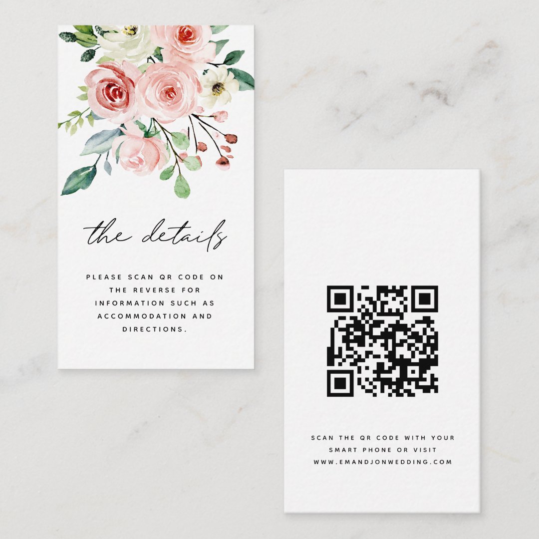 Modern Pink Peach Florals QR Code Wedding Details Enclosure Card | Zazzle