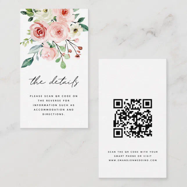 Modern Pink Peach Florals QR Code Wedding Details Enclosure Card | Zazzle