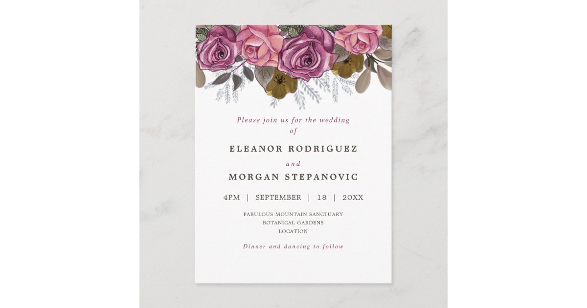 Modern pink piurple rose border wedding invitation postcard | Zazzle