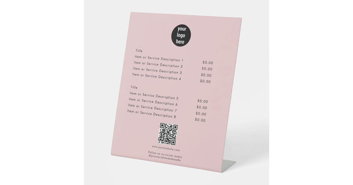 Modern Pink Price List QR Code Social Media Pedestal Sign | Zazzle