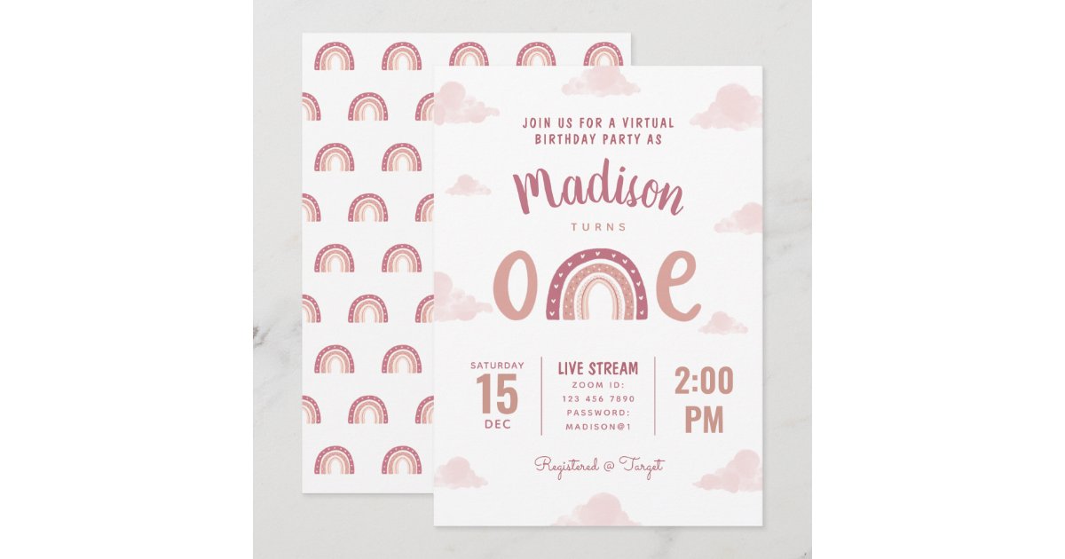 Modern Pink Rainbow Clouds Virtual First Birthday Invitation | Zazzle