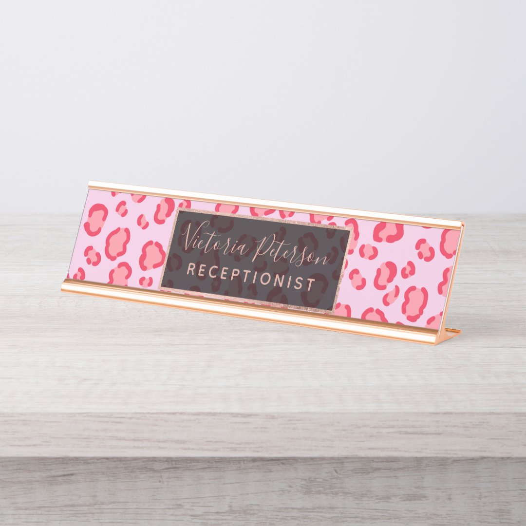 Modern pink red leopard spots pattern illustration desk name plate | Zazzle