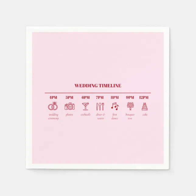 Modern Pink Red Minimal Wedding Timeline Details Napkins | Zazzle