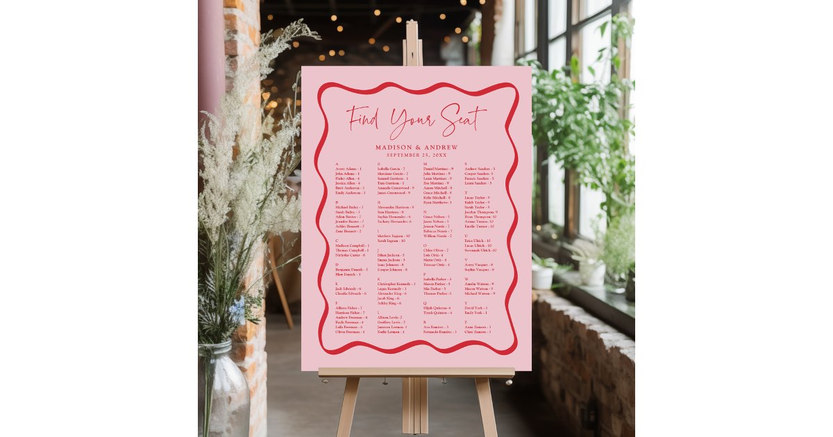 Modern Pink Red Wavy Alphabetical Seating Chart Foam Board | Zazzle