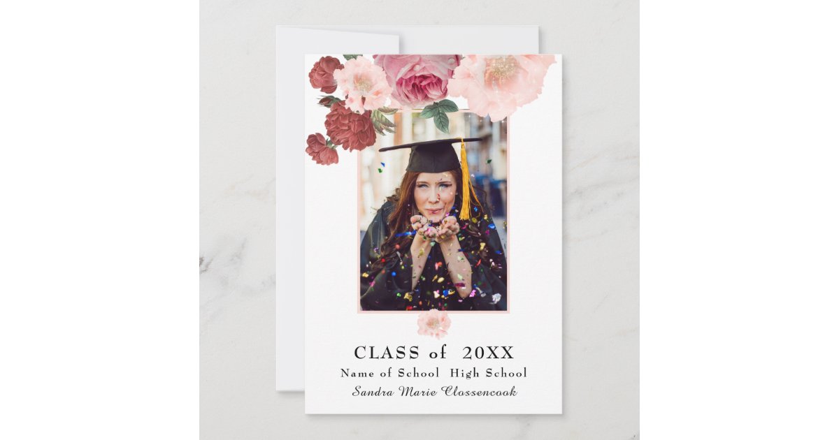 Modern, Pink Rose floral graduation announcement | Zazzle