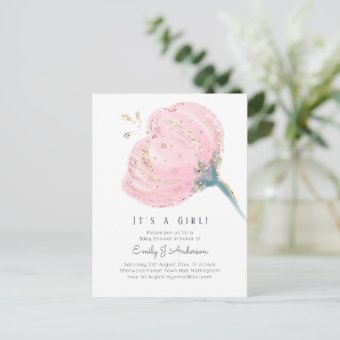 Modern Pink Rose Glitter Its A Girl Baby Shower Postcard | Zazzle