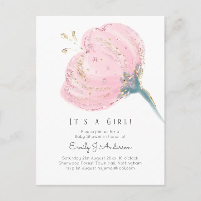 Modern Pink Rose Glitter Its A Girl Baby Shower Postcard | Zazzle