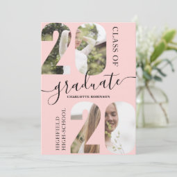 Modern pink script 5 photos 2020 graduation invitation | Zazzle