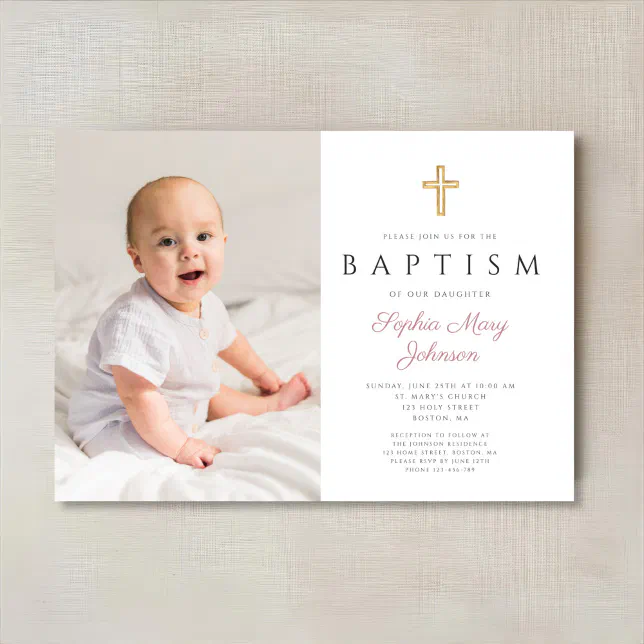 Modern Pink Script Cross Girl Photo Baptism Invitation | Zazzle