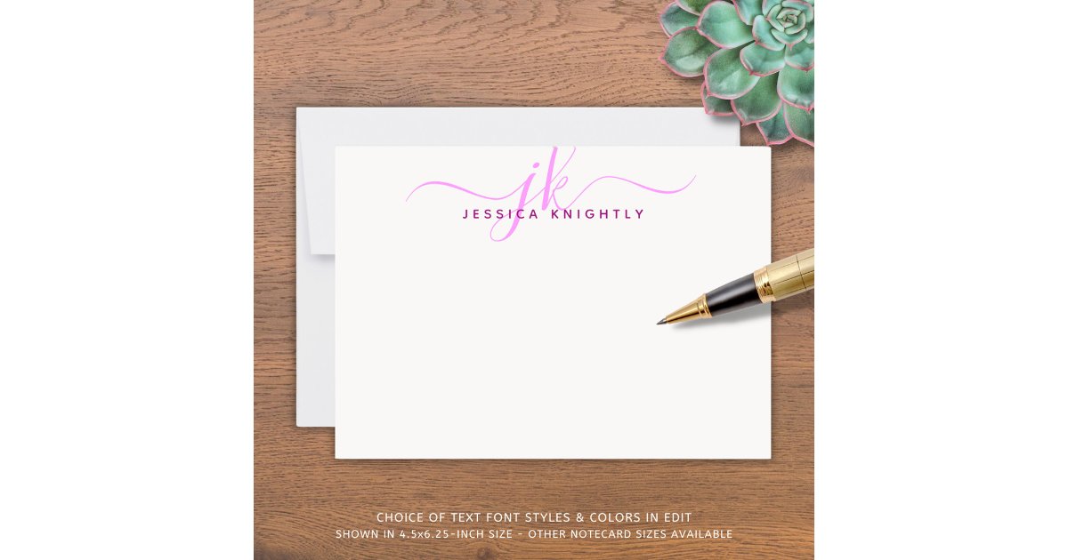Modern Pink Script Monogram Initials Note Card | Zazzle