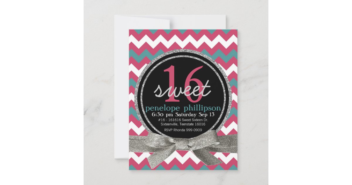 Modern Pink Teal Chevron Girly Sweet 16 Invitation | Zazzle