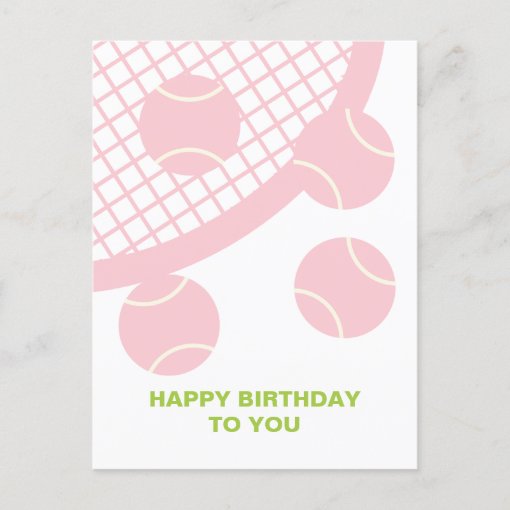 Modern Pink Tennis Ball Racket Happy Birthday Postcard | Zazzle
