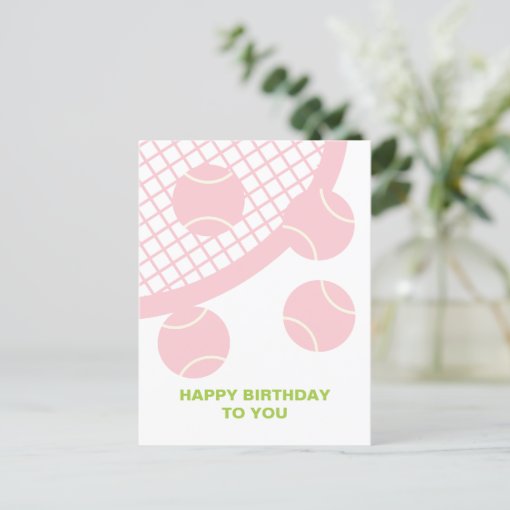 Modern Pink Tennis Ball Racket Happy Birthday Postcard | Zazzle
