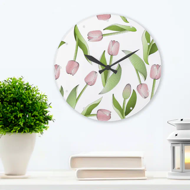 Modern Pink Tulip Flower Pattern Large Clock | Zazzle