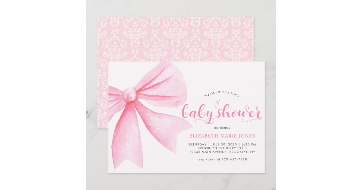 Modern Pink Watercolor Bow Ribbon Girl Baby Shower Invitation | Zazzle