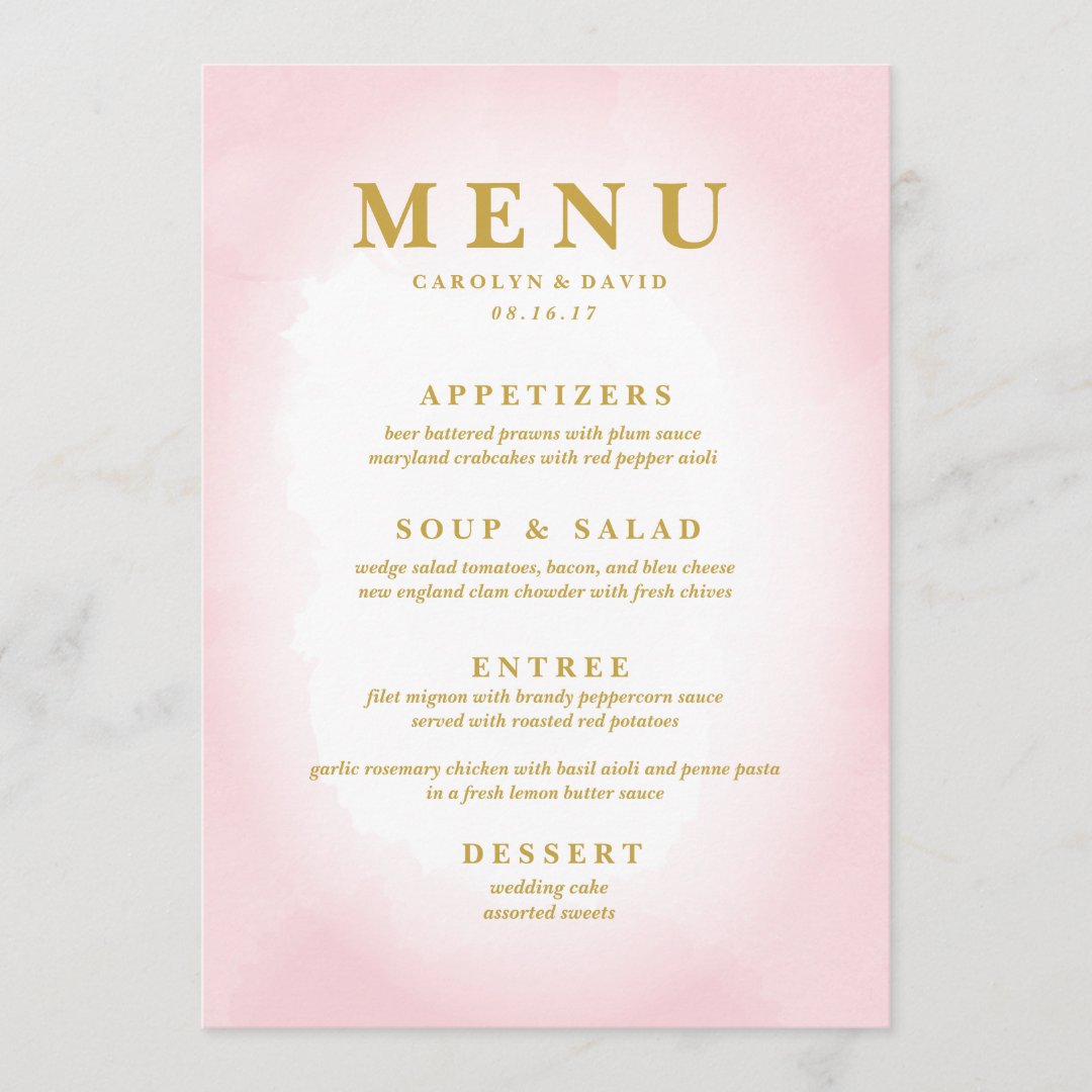 Modern Pink Watercolor Dinner Menu | Zazzle