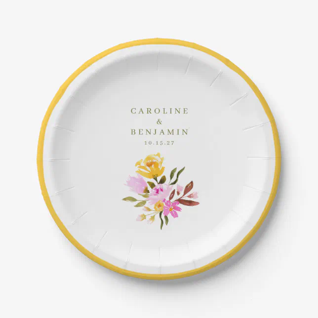 Modern Pink Watercolor Floral Custom Names Wedding Paper Plates | Zazzle