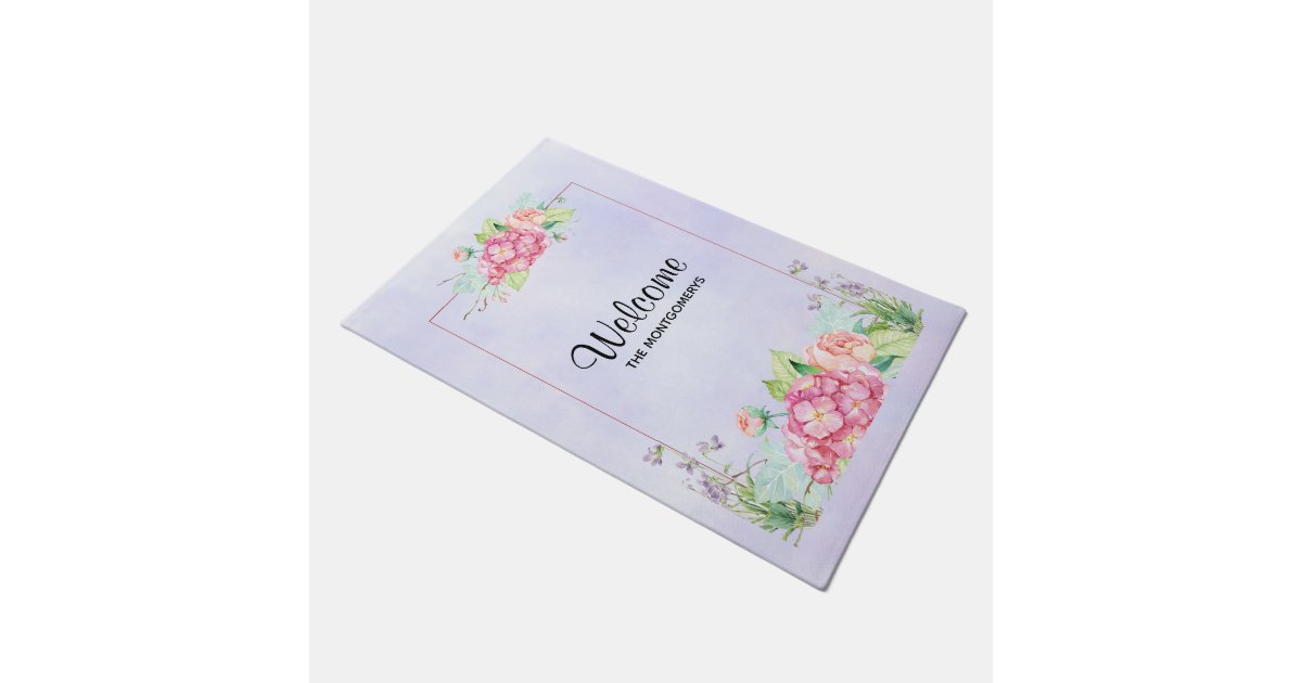 Modern Pink Watercolor Floral Frame Welcome Doormat | Zazzle