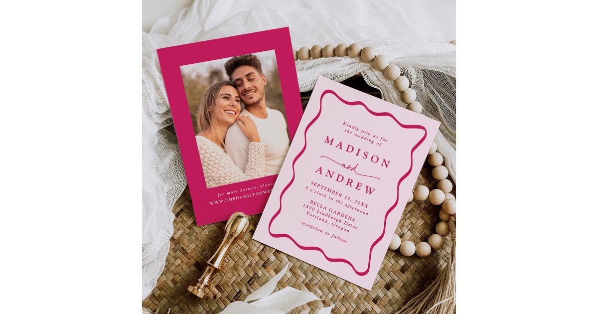 Modern Pink Wavy Frame Photo Wedding Invitation | Zazzle