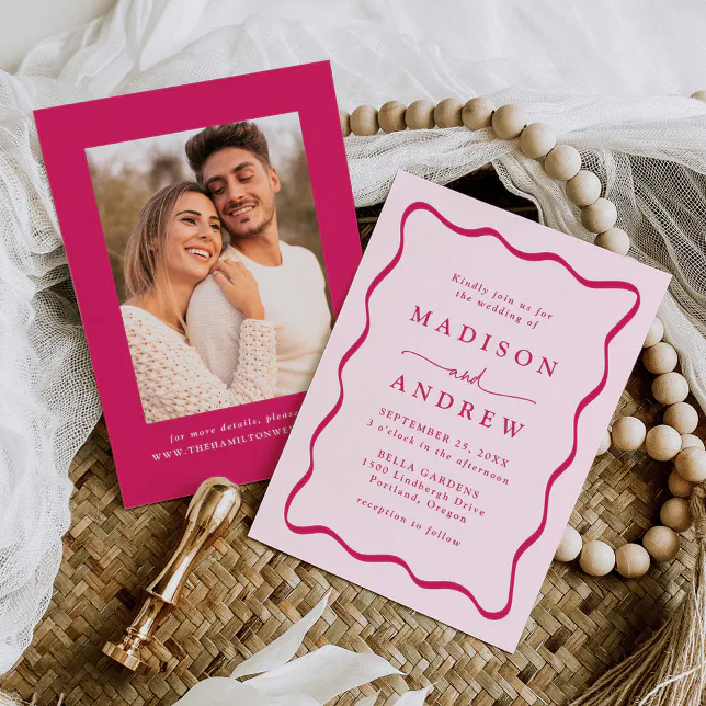 Modern Pink Wavy Frame Photo Wedding Invitation | Zazzle