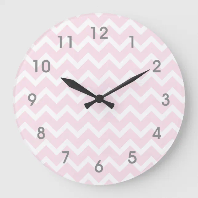 Modern Pink & White Chevron Clock - gray numbers | Zazzle