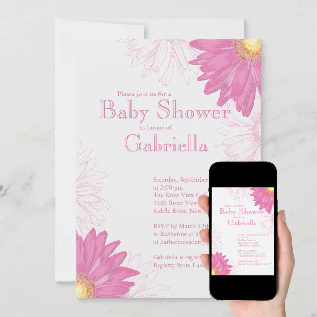 Modern Pink & White Gerbera Daisy Baby Shower Invitation | Zazzle