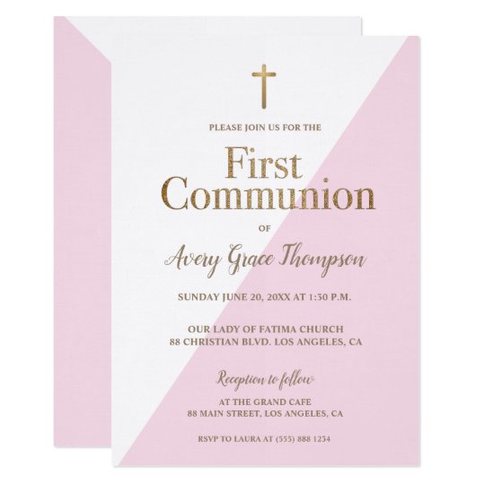 Modern Pink White Gold first communion girl Invitation | Zazzle.com