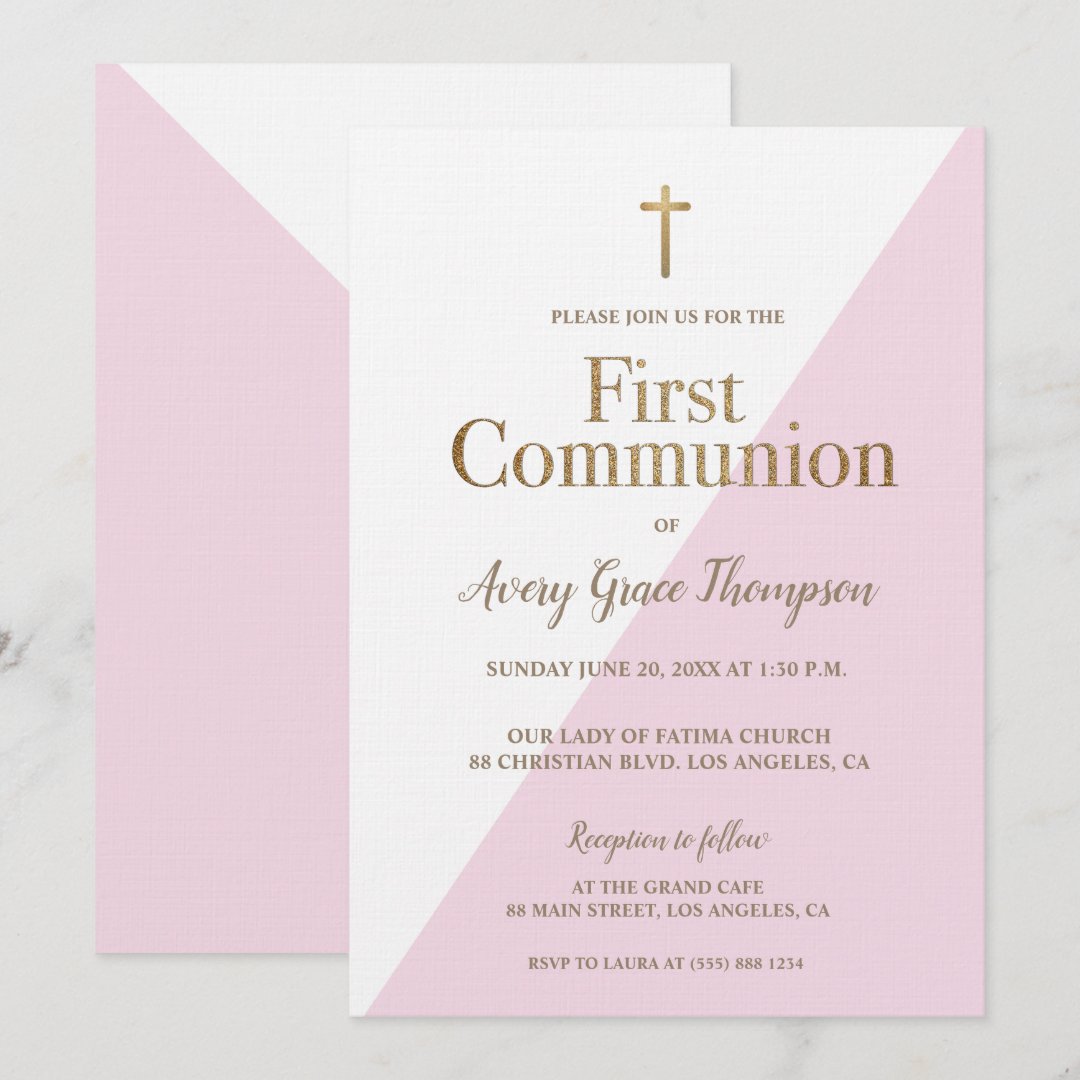 Modern Pink White Gold first communion girl Invitation | Zazzle