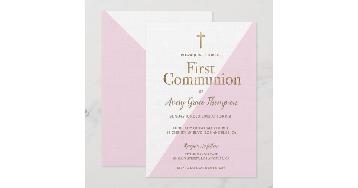 Modern Pink White Gold first communion girl Invitation | Zazzle