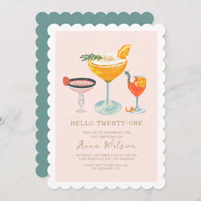 Modern Pinky Coctails Blush Hello 21 21St Birthday Invitation | Zazzle