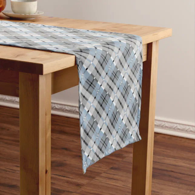 Modern Plaid Pattern Light Blue and Grey Short Table Runner | Zazzle