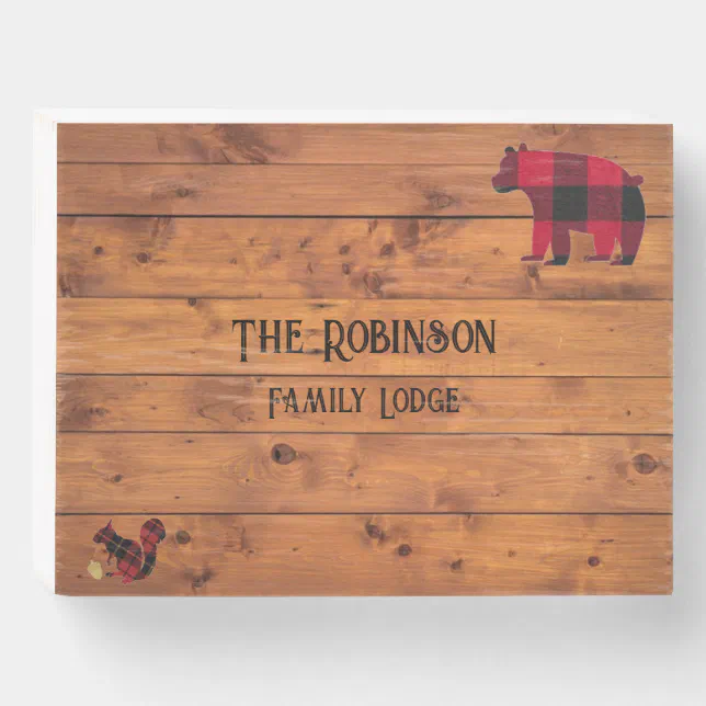Modern Plaid Squirrel and Bear Wood Design Wooden Box Sign | Zazzle